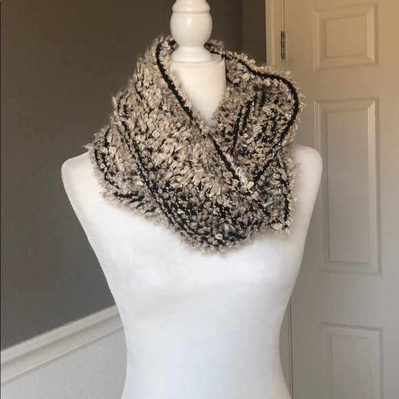 bp | Accessories | Bp Fuzzy Black And Creamwhite Infinity Scarf | Poshmark